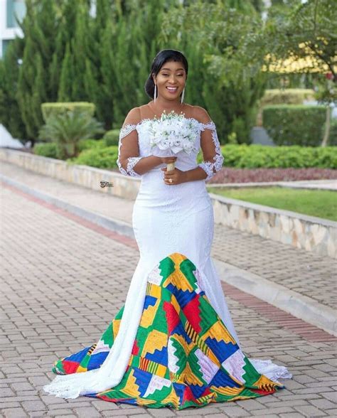 Beautiful Ghanaian Bride In White And Kente Train Wedding Gown