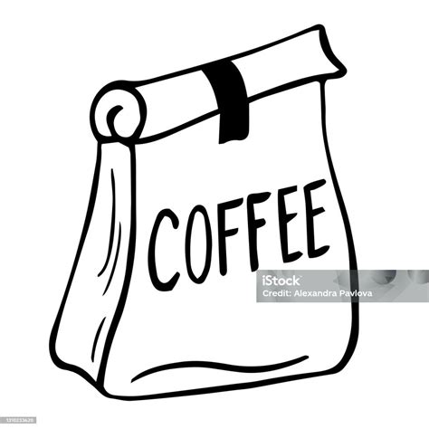 커피로 가득 찬 종이 가방 공예 커피 포장의 선형 그림 커피 종이 봉투 자루 라인 아이콘 트렌디 한 플랫 윤곽 잉크 스타일