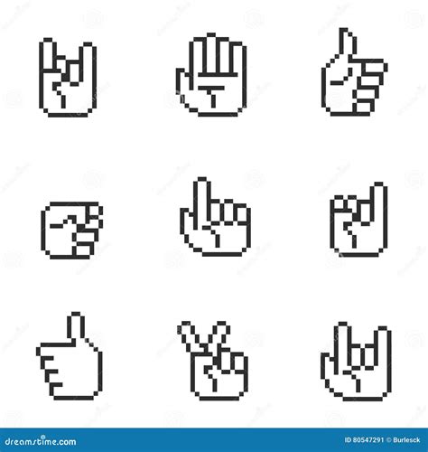 Pixel Art 8 Bit Hands Icons And Gestures Signs Set Stock Vector