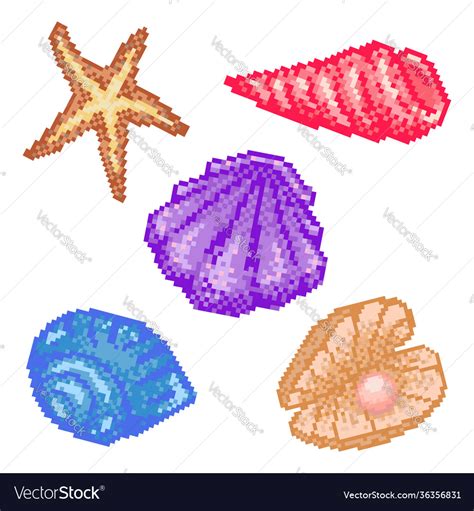 Set Pixel Art Sea Shells Icons Royalty Free Vector Image