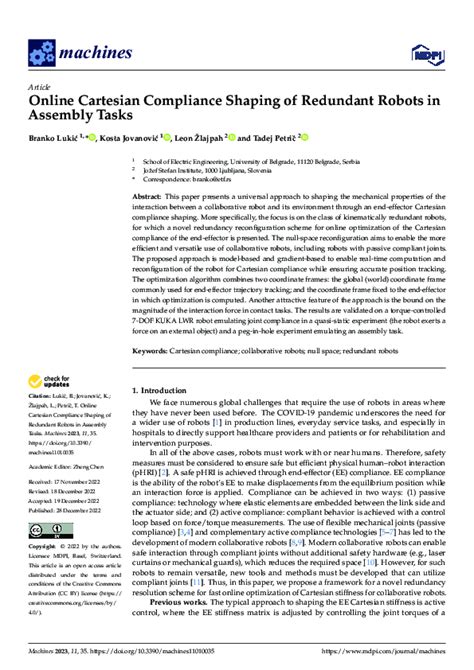 Pdf Online Cartesian Compliance Shaping Of Redundant Robots In Assembly Tasks