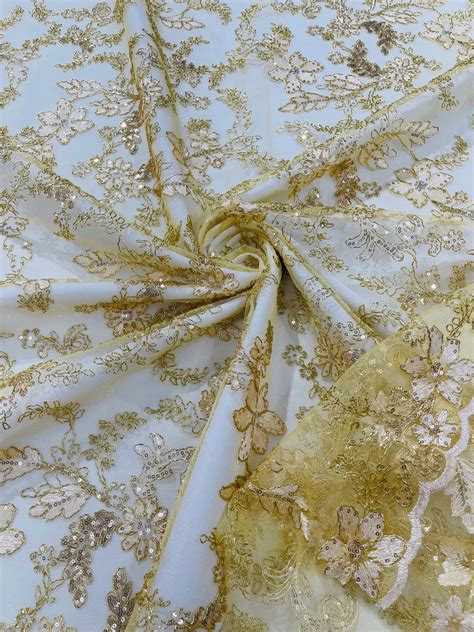 Floral Metallic Lace Fabric Gold Corded Embroidered Floral Sequins