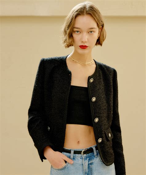 룩캐스트 블랙 지아 트리밍 트위드 자켓 Black Gia Trimmed Tweed Jacket