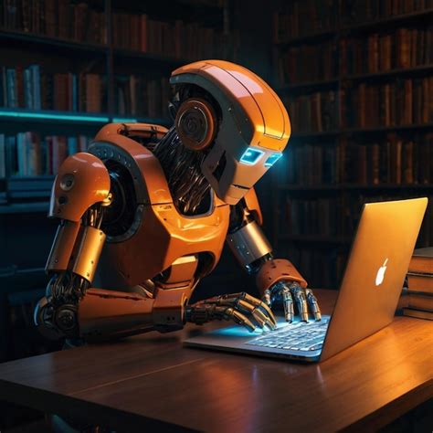 Cyborg Robot Is Typing On Laptop Keyboard Concept Of Future Of