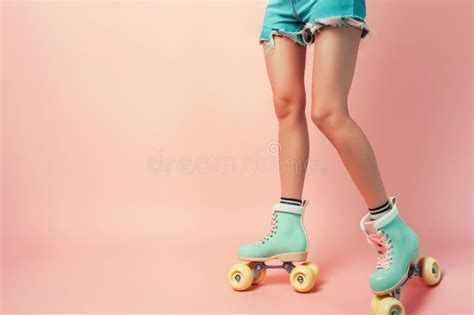 Cropped Female Legs In Rollerskates On Bright Plain Background In