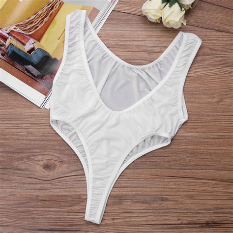 Women Sheer Lingerie High Cut Leotard Tops Bodysuit Thong Monokini