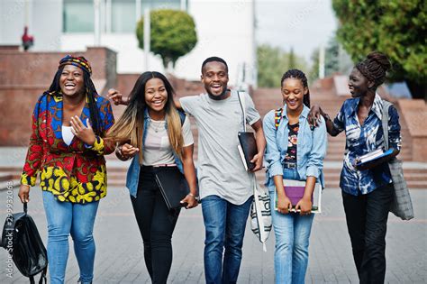 Group Of Five African College Students Spending Time Together On Campus