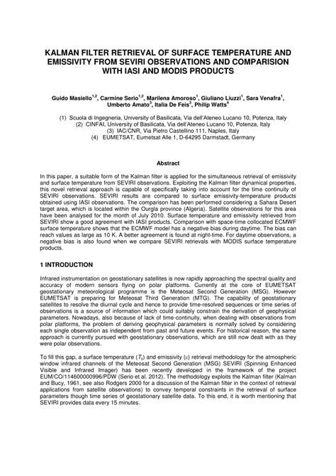 Pdf Kalman Filter Retrieval Of Surface Temperature And Emissivity