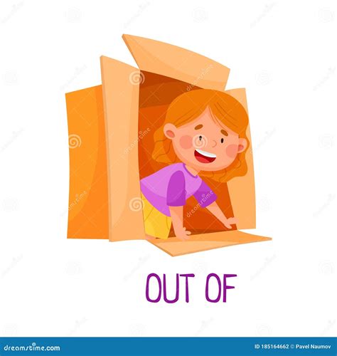 Little Red Haired Girl Creeping Out Of Carton Box As Preposition Of