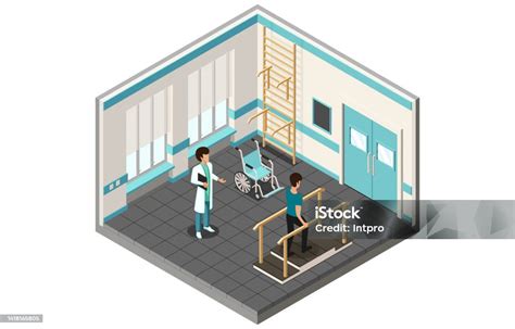 의료 및 의학 개념 의사 인턴 재활 학자 클리닉에서 재활 장비로 환자의 절차를 만들기 재활 단계 플랫폼에 환자 아이소메트릭 3d 벡터 일러스트 레이 션 등측투영법에 대한