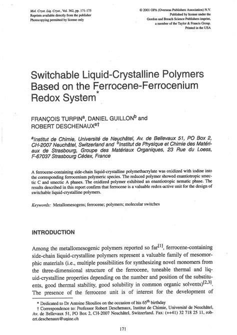 Pdf Switchable Liquid Crystalline Polymers Based On The Ferrocene