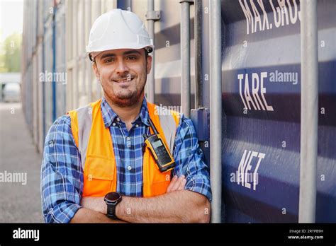 Portrait Of Smiling Container Man Worker In Container Warehouse Import And Export Shipping