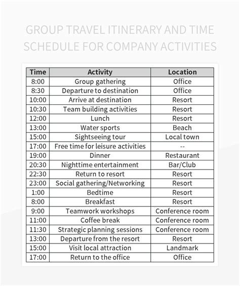 Group Travel Itinerary And Time Schedule For Company Activities Excel