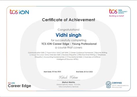 Vidhi Singh On Linkedin Im Delighted To Announce That Ive Successfully Completed My Tcsion