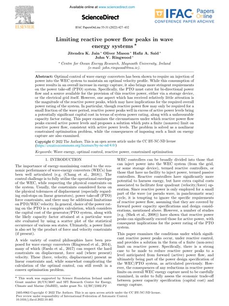 Pdf Limiting Reactive Power Flow Peaks In Wave Energy Systems