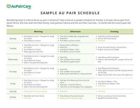 Au Pair Schedule Sample Schedule AuPairCare
