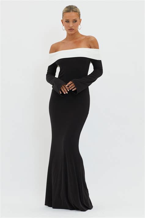 Shop The Sabrina Long Sleeve Off Shoulder Maxi Dress Black Selfie Leslie