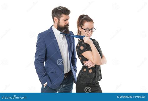 Flirtatious Girl Woman Lead Man On Tie Engaging In Flirtation Business Partners Conduct