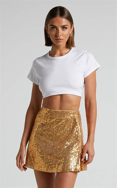 Elswyth Side Split Sequin Mini Skirt In Gold Showpo