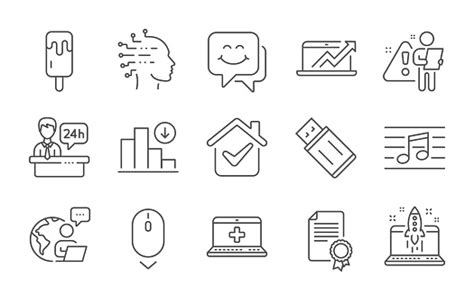 인증서 리셉션 데스크 및 판매 다이어그램 아이콘 세트입니다 의료 도움말 아래로 스크롤 및 아이스크림 징후 벡터 0명에 대한 스톡