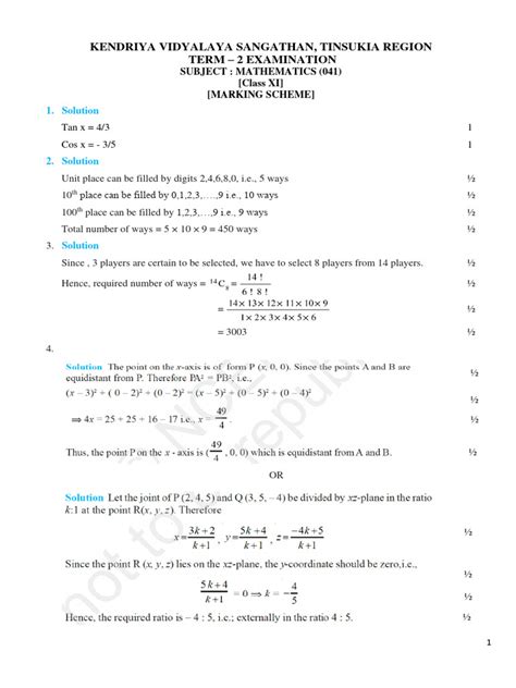 Class Xi Maths Sp Marking Scheme Set 1 Download Free Pdf