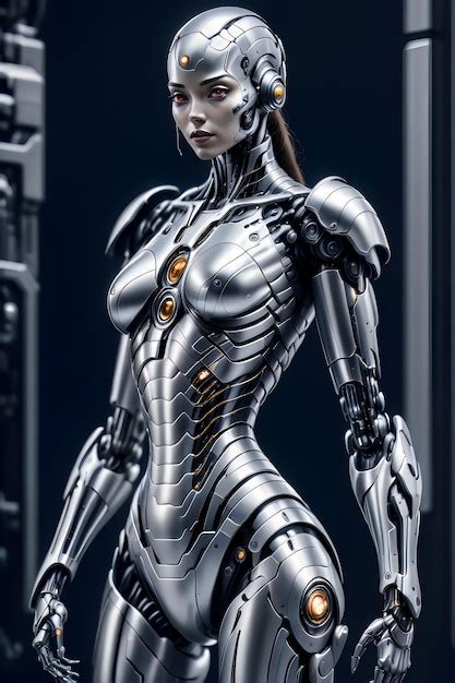 Premium Ai Image A Female Cyborg With Shiny Eyes Standing In A Dark