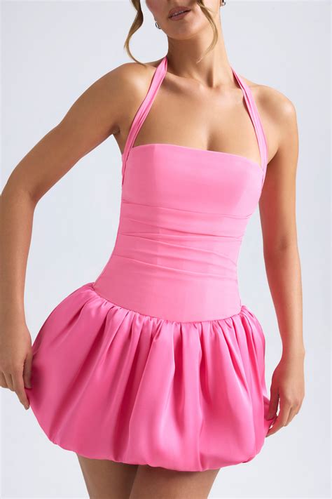 Ludmila Halterneck Lace Up Bubble Hem Corset Micro Mini Dress In Hot