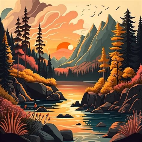 Uma Ilustração Digital Para Uma Cena De Montanha Com Um Rio E árvores