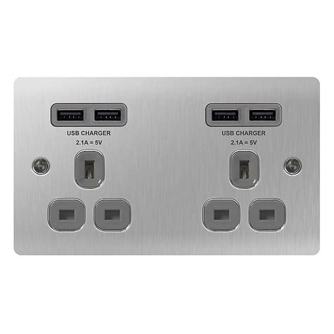 Colours 13a Steel Effect Brushed Double Usb Socket Diy At Bandq