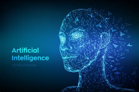 Ai 인공 지능 개념 낮은 폴리 추상 디지털 인간의 얼굴입니다 로봇 디지털 컴퓨터 해석의 인간의 머리 로봇 공학 개념 3d 다각형 헤드 개념 벡터 그림입니다 신경얼기에 대한