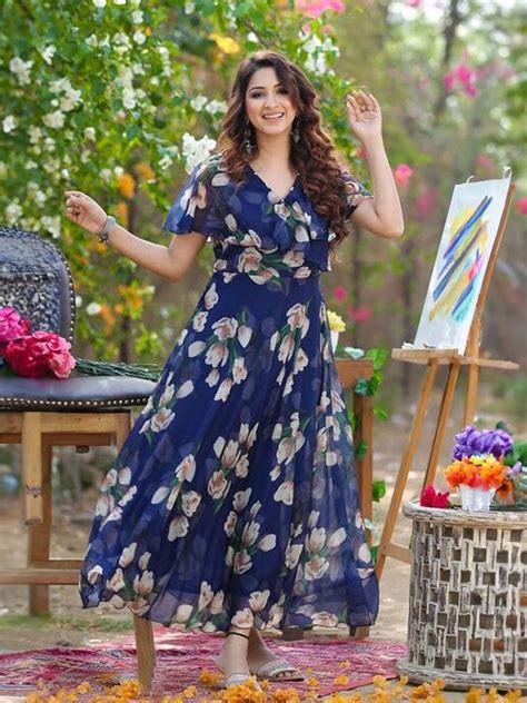 Buy Kalini Floral Printed Georgette Fit And Flare Maxi Dress Dresses
