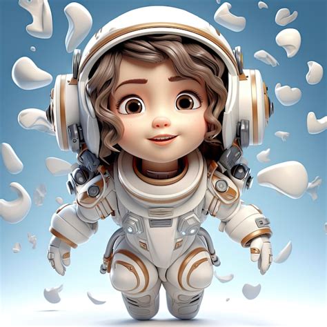 Uma jovem astronauta de desenho animado feliz os braços abertos