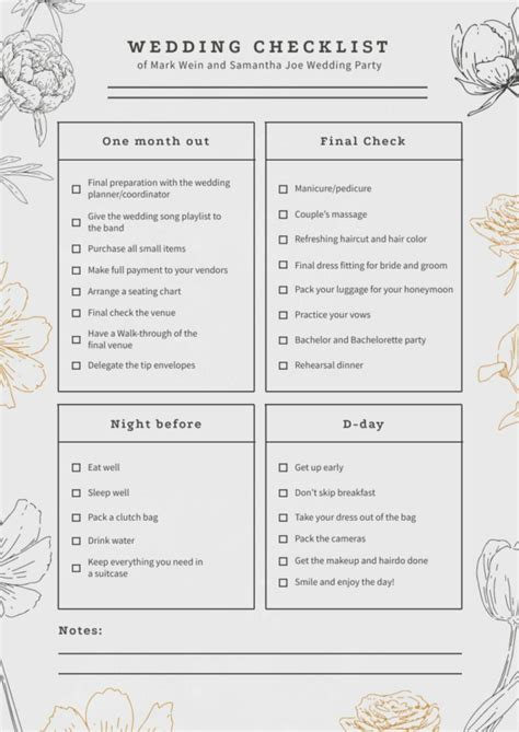 Wedding Check Off List Printable Printable Wedding Flower Checklist