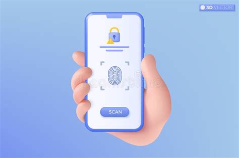 3d Hand Holding Mobile Phone Scan Fingerprint Cyber Secure Icon Symbol Recognition Identity
