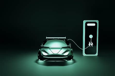 暗い背景のクールグリーンな電気自動車の充電 選択的な電気自動車と環境コンセプト モックアップ場所 3dレンダリング プレミアム写真