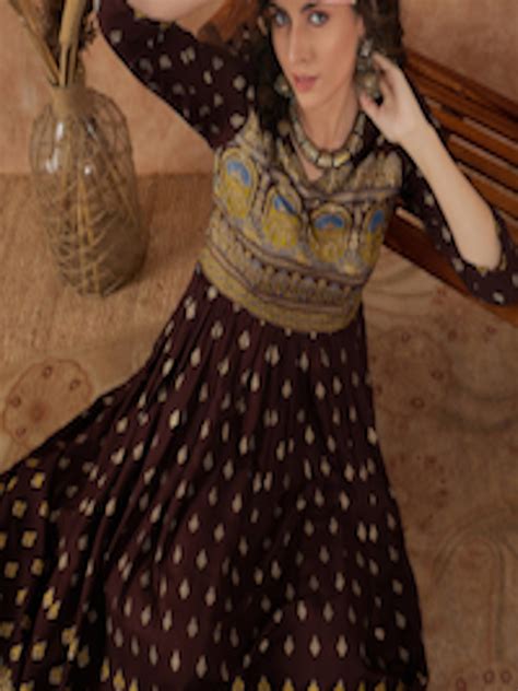 Buy Sangria Brown Gold Toned Ethnic Motifs Printed V Neck Gathered