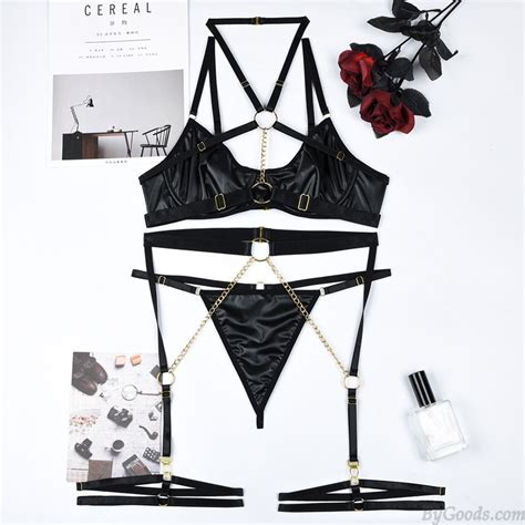 Sexy Advanced Elegant Chain Bra Panty Garter Belt 3 Piece Set Underwear