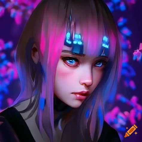 Realistic Artwork Of A Cyberpunk Girl Under A Cherry Tree In The Snow