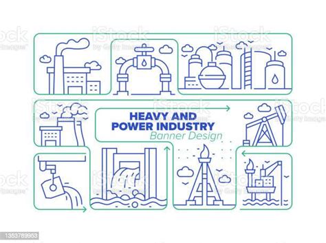 중전력 산업 라인 아이콘 세트 및 관련 프로세스 인포그래픽 디자인 공장 산업 건물에 대한 스톡 벡터 아트 및 기타 이미지 공장 산업 건물 방직업 발전소 Istock