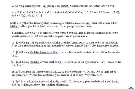 Solved Solving Linear System Pt Using Only Matlab Chegg Com