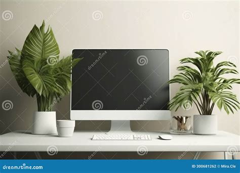 Serene Workspace With A Computer And Lush Greenery Created With Generative Ai Technology Stock