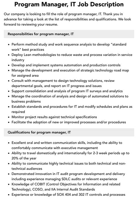 Program Manager IT Job Description Velvet Jobs