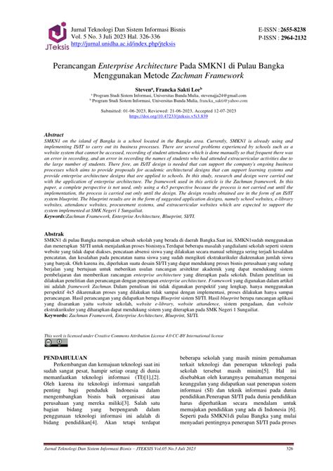 Pdf Perancangan Enterprise Architecture Pada Smkn1 Di Pulau Bangka Menggunakan Metode Zachman