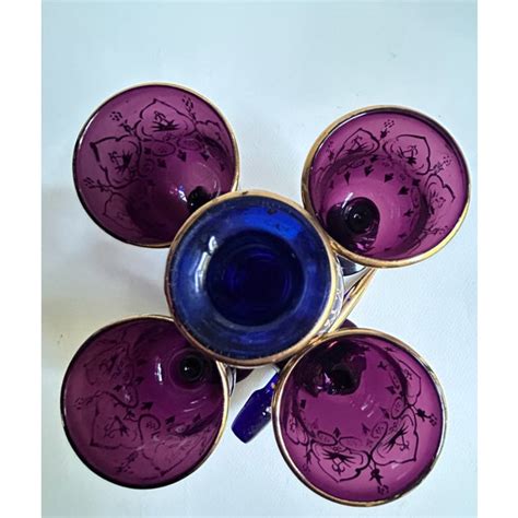 Mid 20th Century Gilt Decorated Bohemian Cobalt Blue Glass Decanter And 4