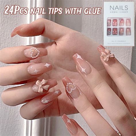 24pcs Artificial Fake Nails With Glue Set Long Nails Nail Beauty Wear