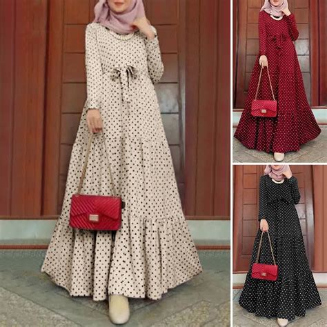 Muslim Polka Dot Dress Long Sleeve Belt Long Dress Shopee Malaysia