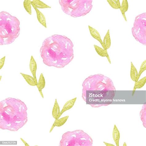 水彩の手は白い背景にピンクの花や葉と花のシームレスなパターンを描いた イラストレーションのベクターアート素材や画像を多数ご用意