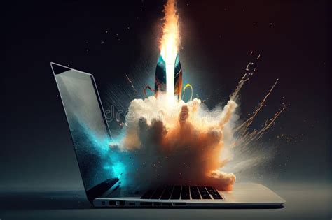 Rocket Blasting Off From The Inside Of A Laptop With Smoke And Sparks