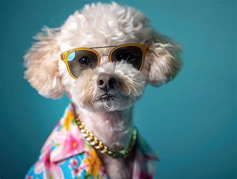 Photorealistic Miami Vice Style Maltipoo Sunglasses Floral Shirt Gold