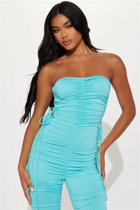 Ariana Ruched Jumpsuit Turquoise Fashion Nova Jumpsuits Fashion Nova